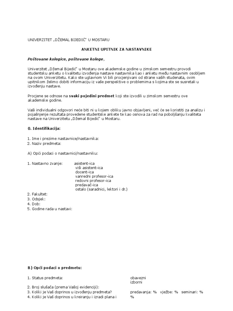 Upitnik Za Nastavnike UNMO | PDF