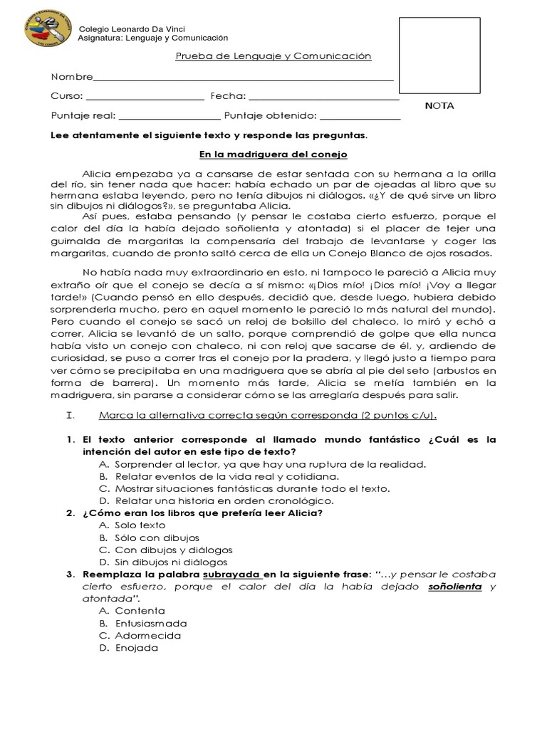 Prueba de Lenguaje: Alicia en el País de las Maravillas | PDF | Las ...