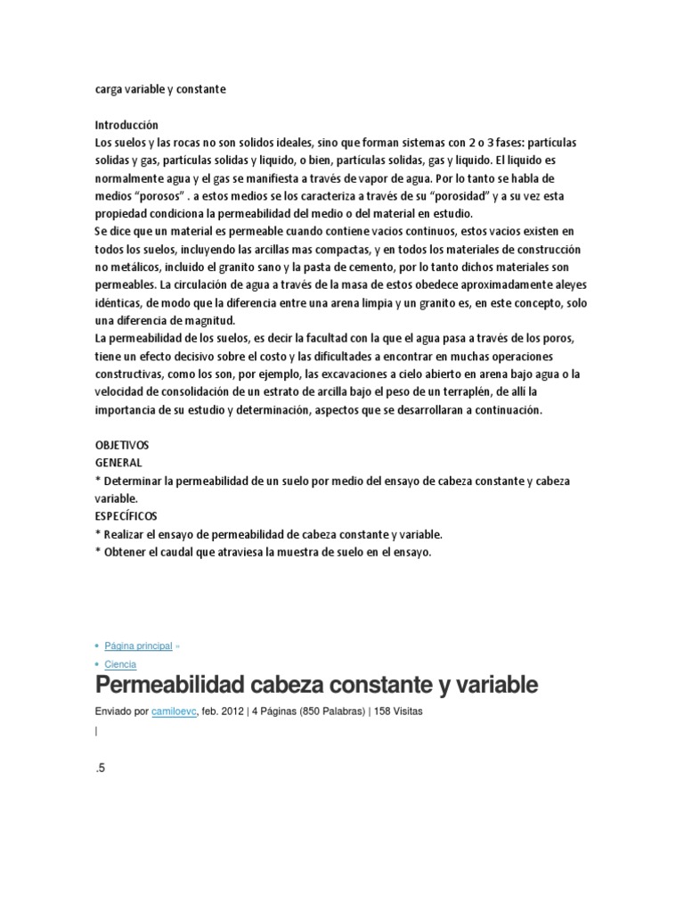 Carga Variable y Constante | PDF | Permeabilidad (Ciencias de la Tierra ...