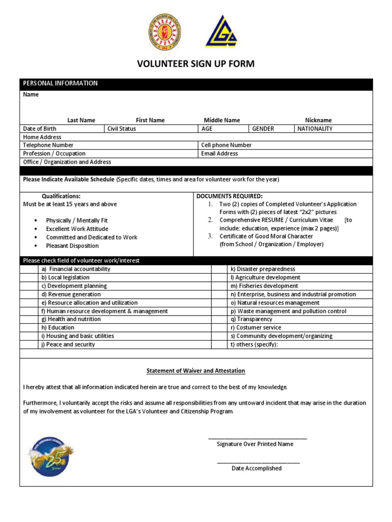 Volunteer Sign Up Form: Personal Information | PDF | Volunteering ...