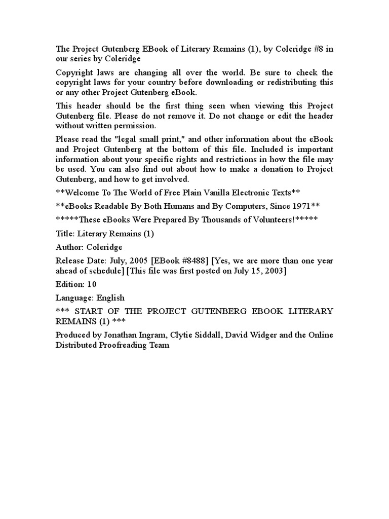 Coleridge's Literary Remains, Volume 1 | PDF | Poetry