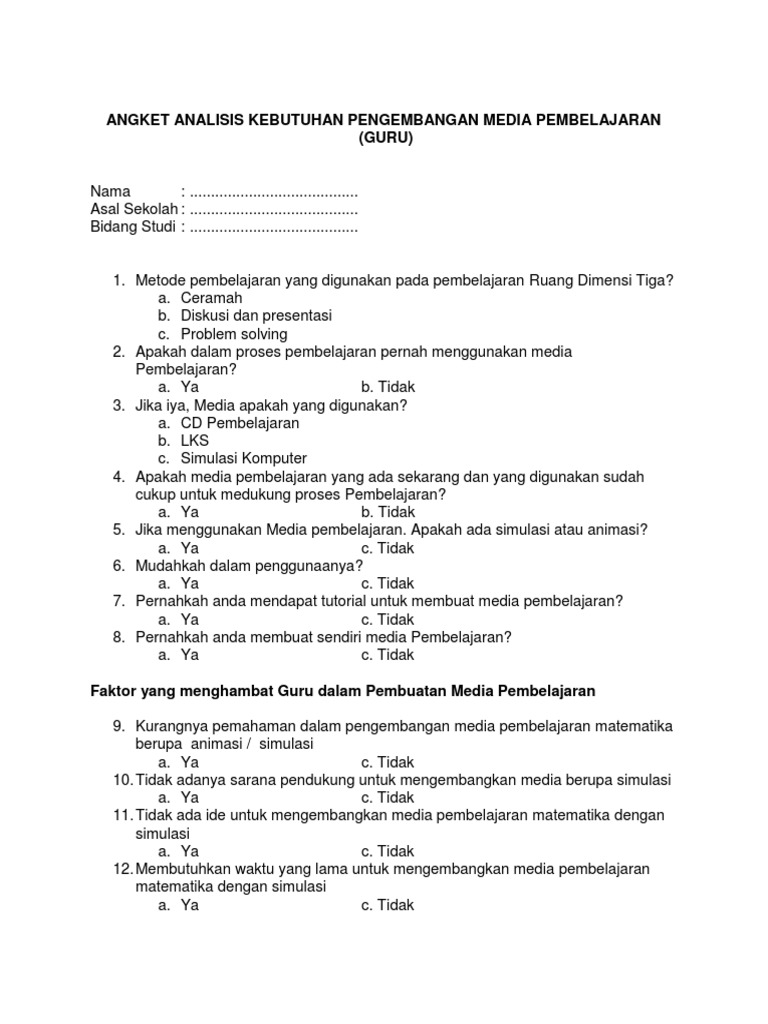 Angket Analisis Kebutuhan Media Pembelajaran Guru | PDF | Karier & Perkembangan