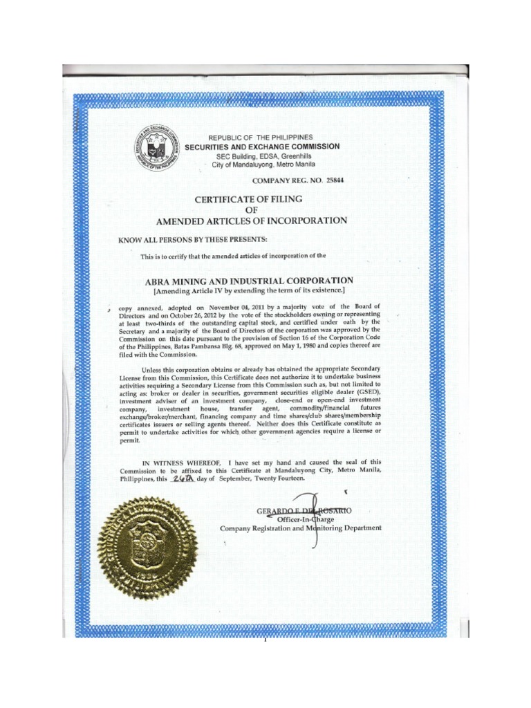Abra Mining & Industrial Corp. Amended Articles | PDF | Mining | License
