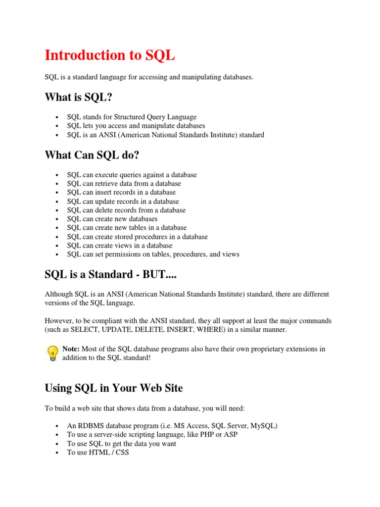 Introduction to SQL (w3school) | Relational Database | Microsoft Access