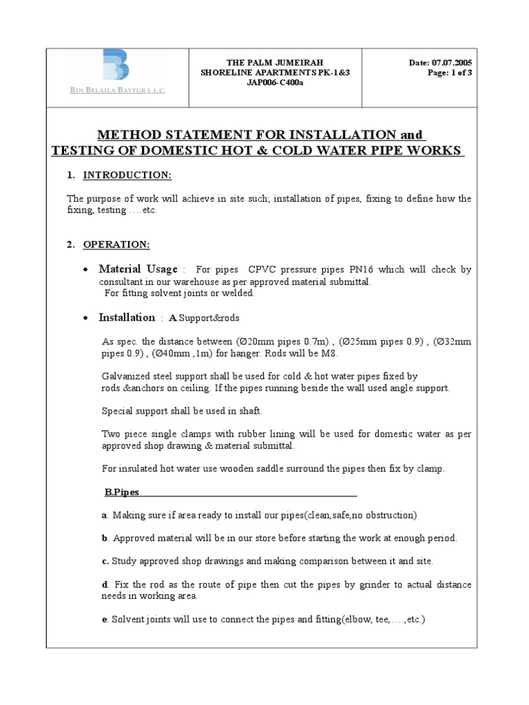 Plumbing Method Statement for Installation | PDF | Pipe (Fluid ...