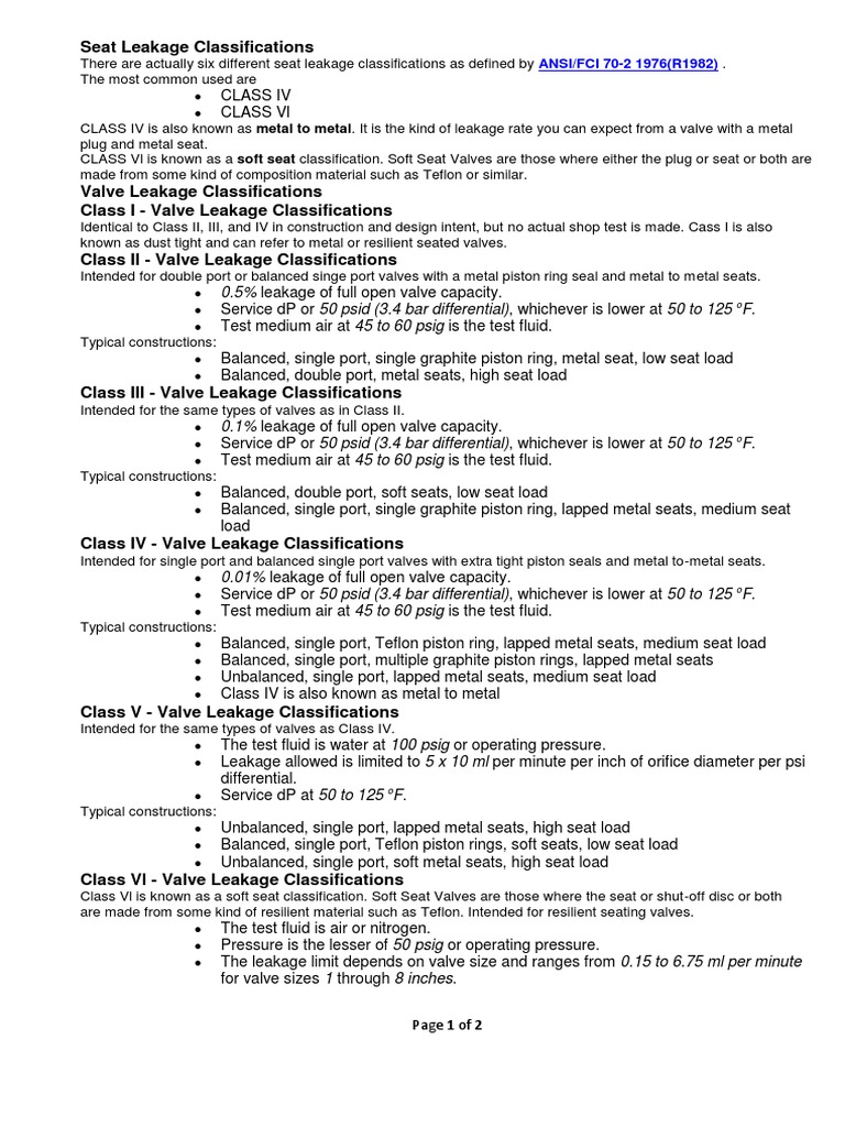Seat Leakage Classifications | PDF | Pounds Per Square Inch | Valve