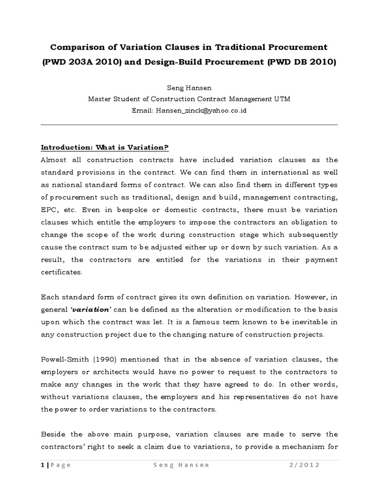 Comparison of Variation Clauses | PDF | Procurement | Business