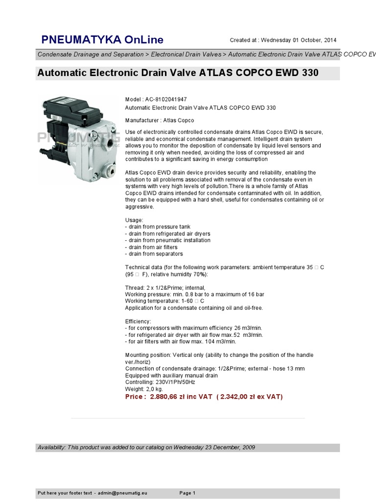 Automatic Electronic Drain Valve Atlas Copco Ewd 330 en | PDF ...