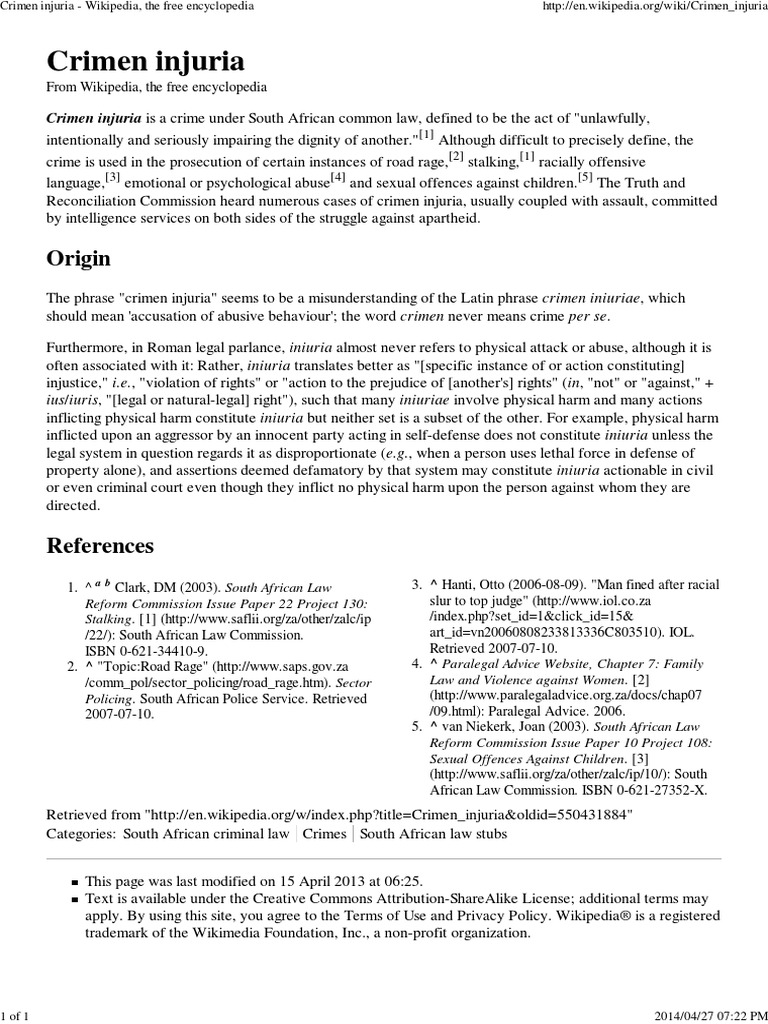Crimen Injuria - Wikipedia, The Free Encyclopedia | Law Enforcement ...