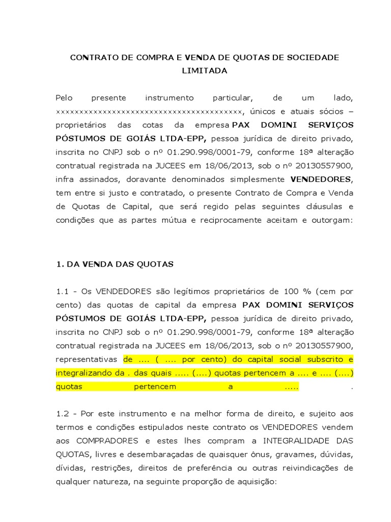 CONTRATO DE COMPRA E VENDA DE QUOTAS DE SOCIEDADE LIMITADA - scribd ...