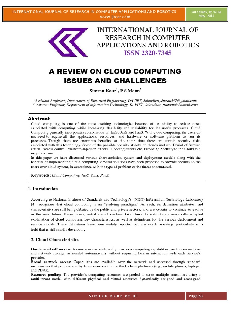 A Review On Cloud Computing Issues and Challenges (Simran Kaur, PS Mann) | PDF | Platform As A ...