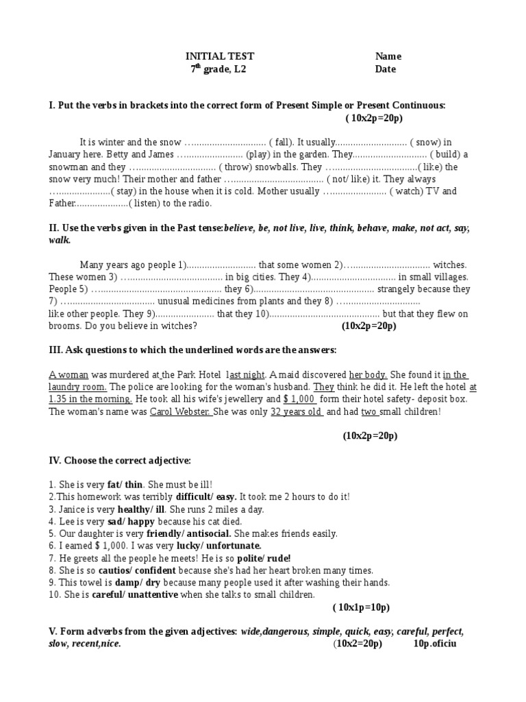 Initial Test 7th Grade | PDF | Ellipsis | Grammar
