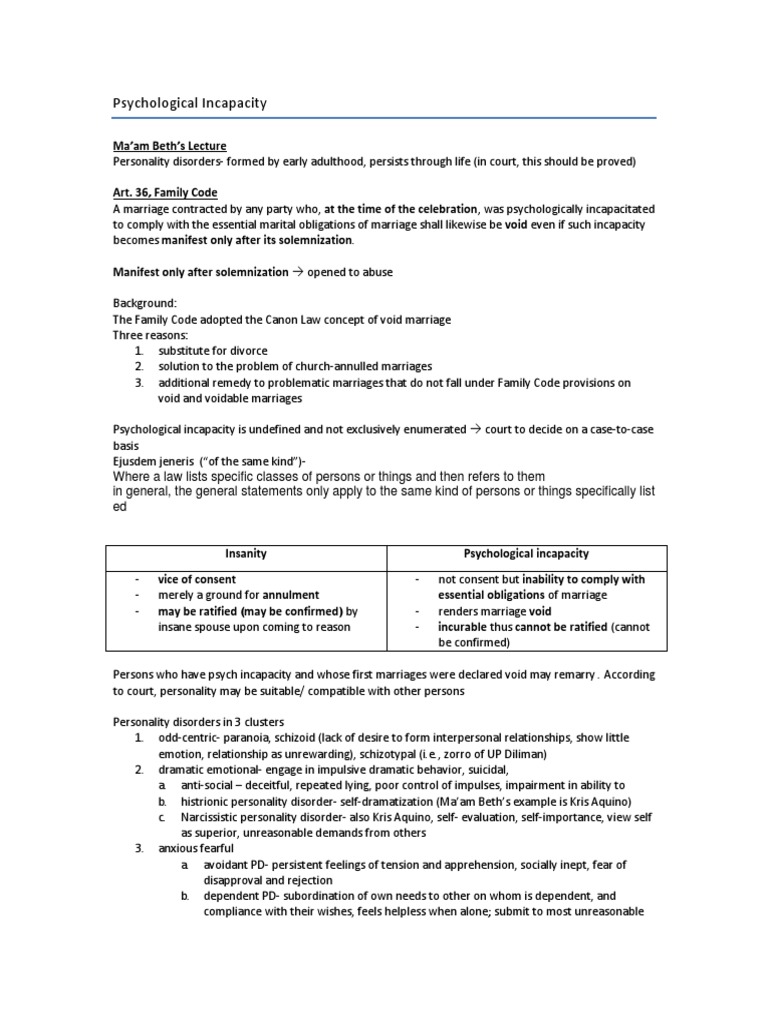 Psychological Incapacity - Persons Notes | PDF | Annulment | Marriage