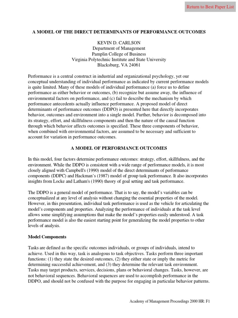 A Model of The Direct Determinants of Performance Outcomes: Academy of ...