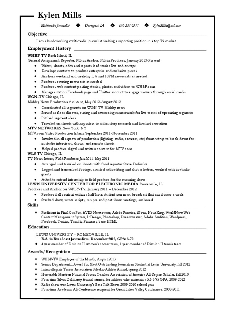 Kylen Mills Reporter/Anchor Resume | PDF | Mass Media | Television