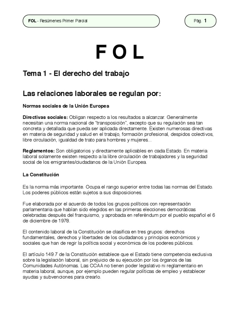 FOL - Resumenes Temas 1 y 2 | Derecho laboral | Gobierno de españa