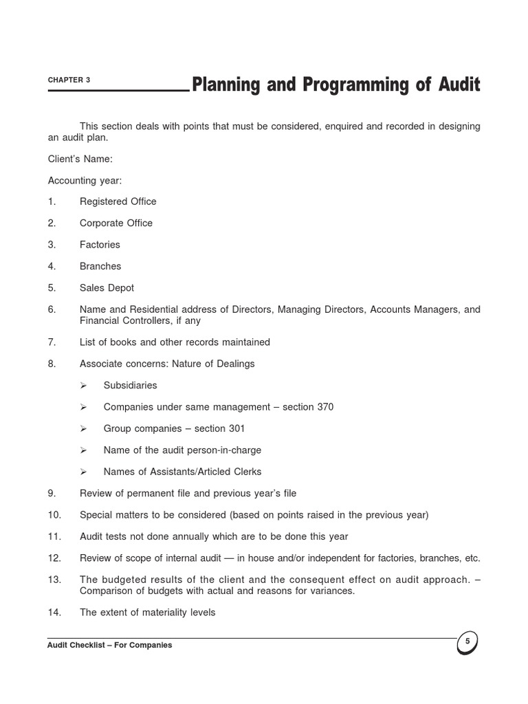 Planning and Programming of Audit: 5 Audit Checklist - For Companies ...