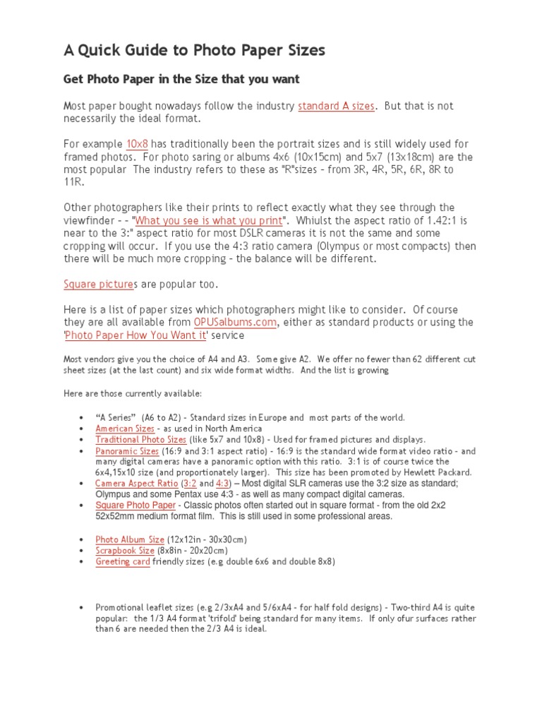 Photo Paper Sizes | PDF | Photography Equipment | Equipment