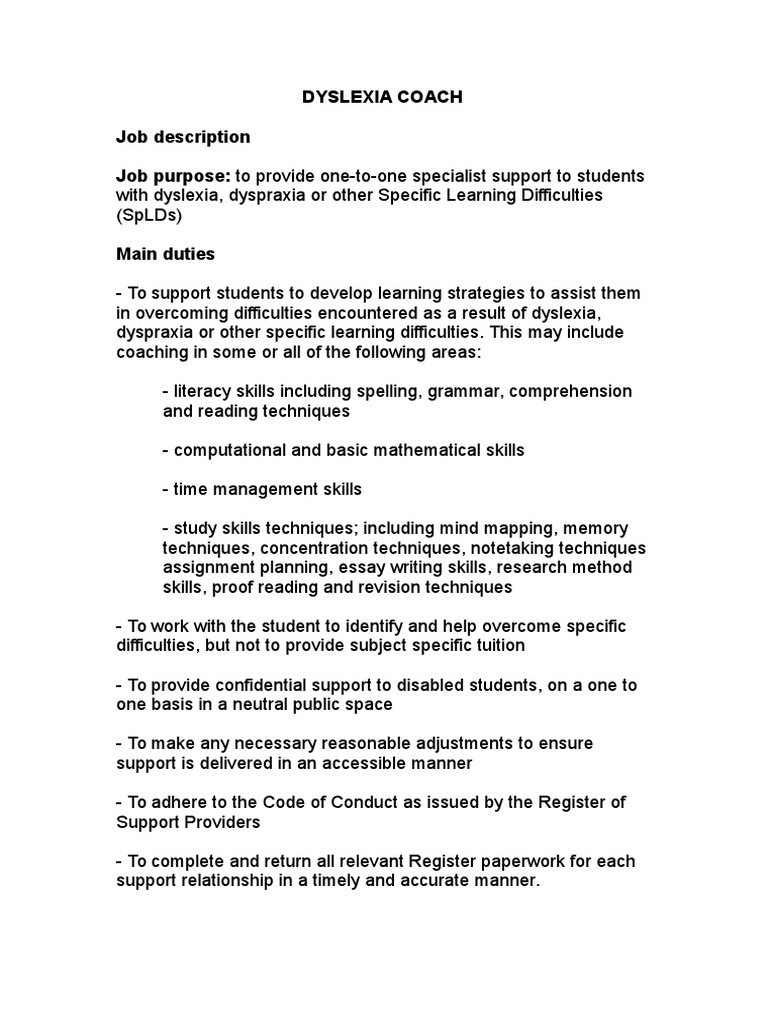 Job Descriptions ALL | PDF | Learning Disability | Dyslexia