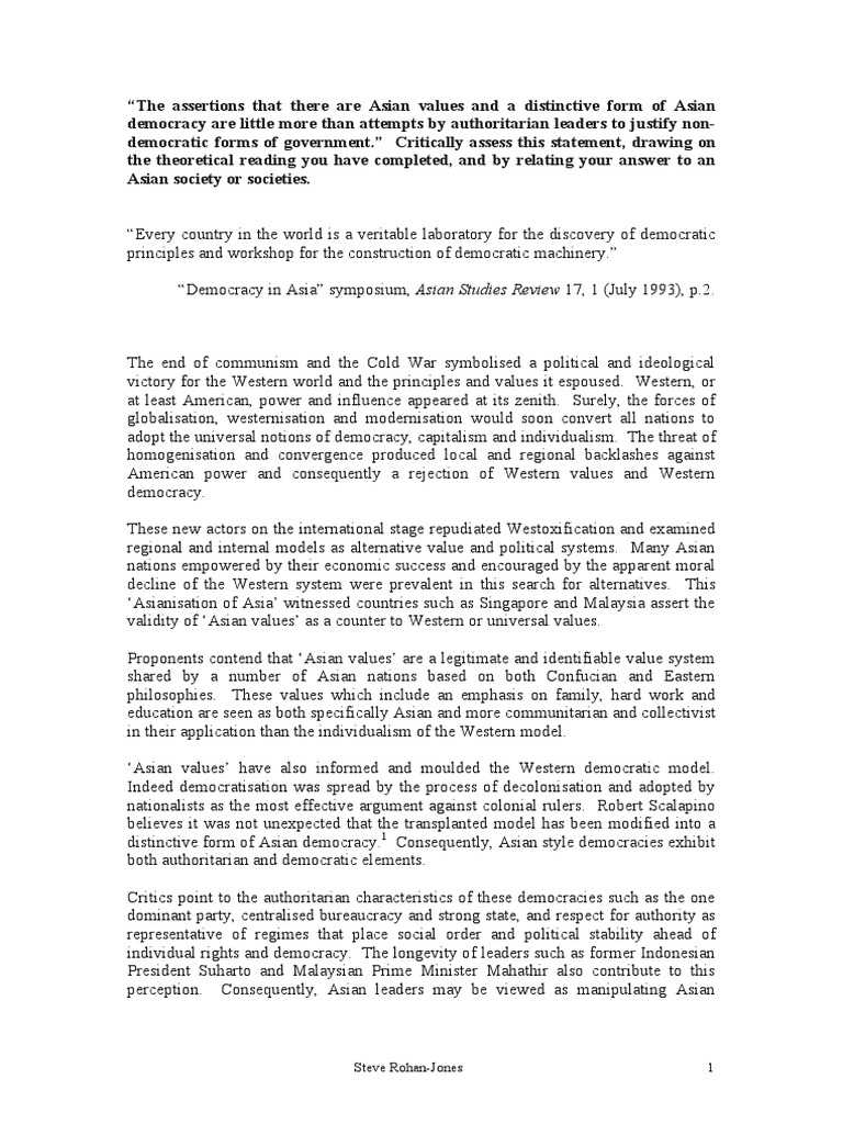 Asian Values and Democracy | PDF | Democracy | Political Ideologies