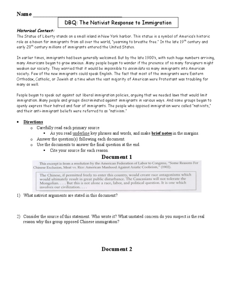 Nativism DBQ Activity Packet Edit | PDF | Nativism (Politics) | Immigration