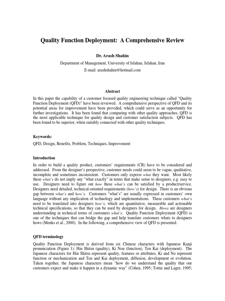 Quality Function Deployment - A Comprehensive Review | PDF | Business ...