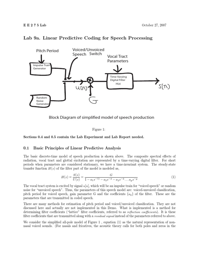 Lab 9a. Linear Predictive Coding For Speech Processing: Vocal Tract Parameters Pitch Period ...