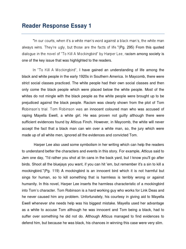 Reader Response Essay | PDF | To Kill A Mockingbird | Prosecution