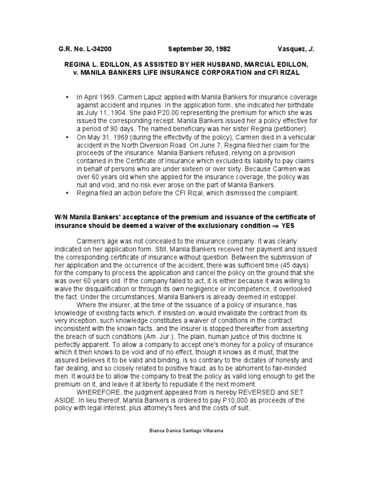 Edillon v. Manila Bankers Life | Insurance | Life Insurance