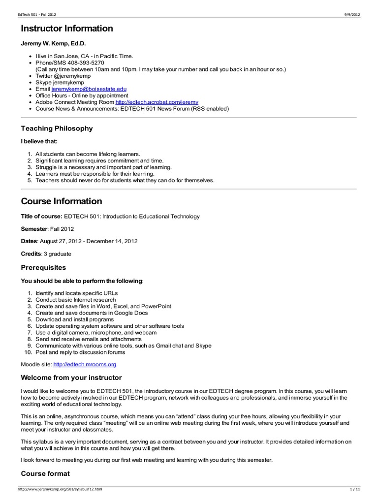 EdTech 501 Syllabus | PDF | Instructional Design | Educational Technology