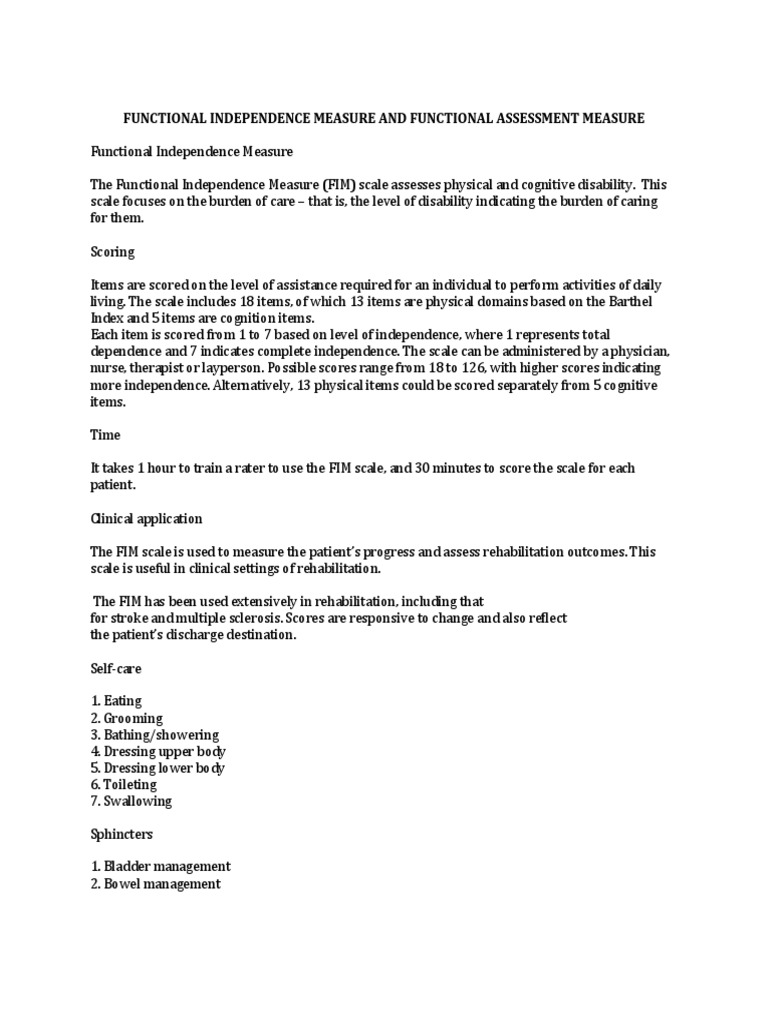 FIM Scale for Assessing Independence | PDF | Wheelchair | Physical Therapy