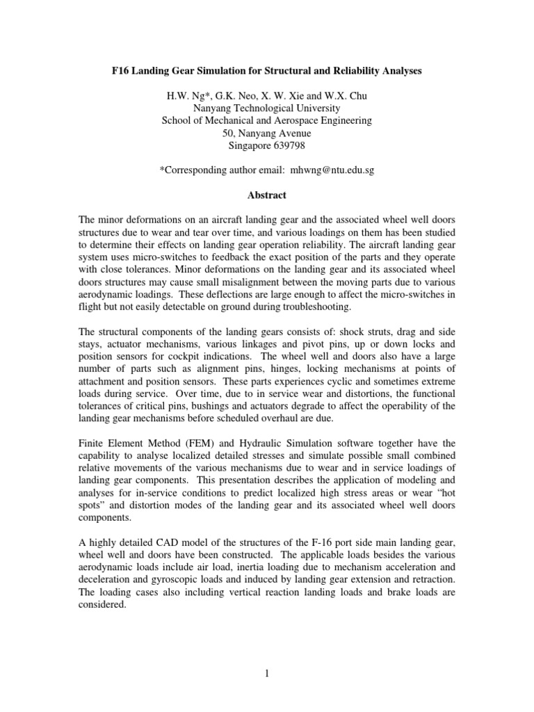 F-16 Landing Gear Simulation For Structural and Reliability Analyses ...