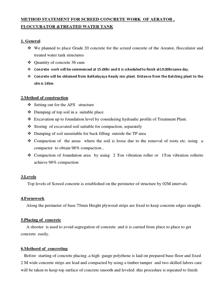 Method Statement For Screed Concreting Aerator TWT | PDF | Concrete | Soil