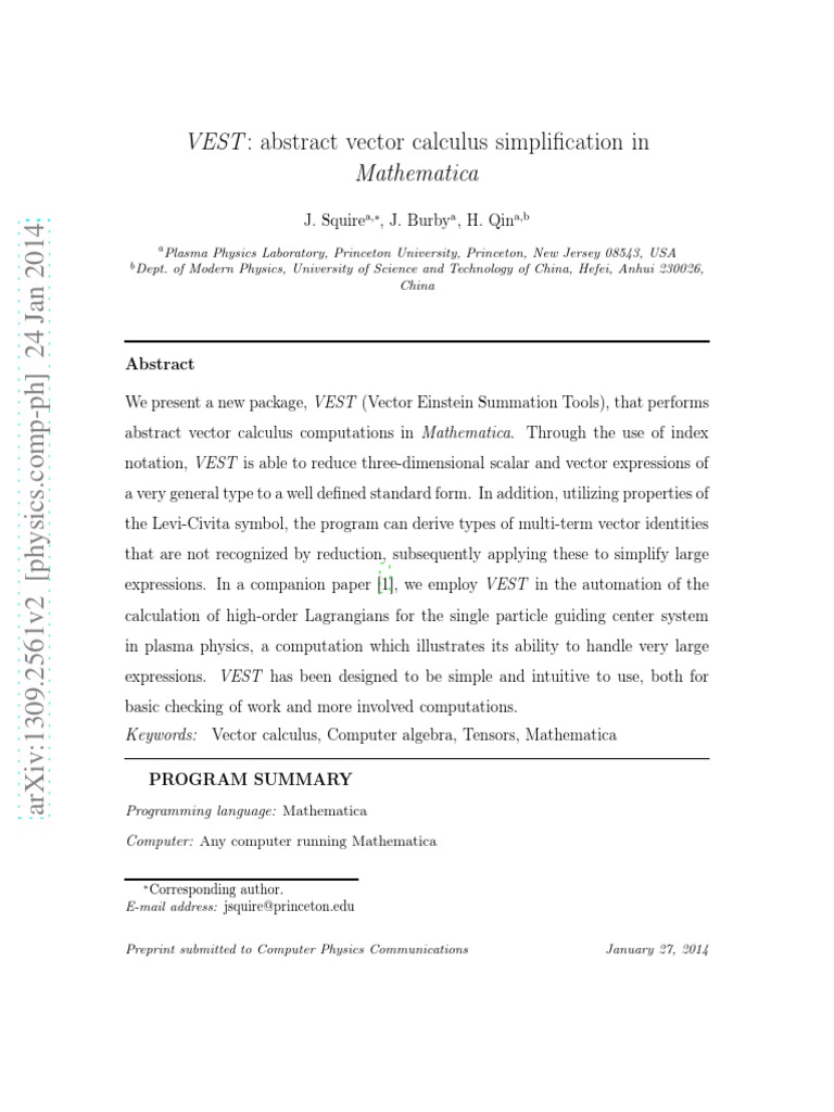 VEST: Abstract Vector Calculus Simplification in Mathematica | PDF ...