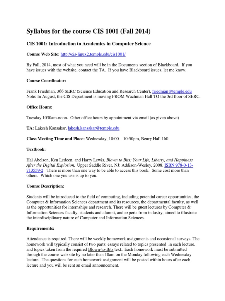 Syllabus For CIS 1001 Fall 2014 | PDF | Information Science | Homework