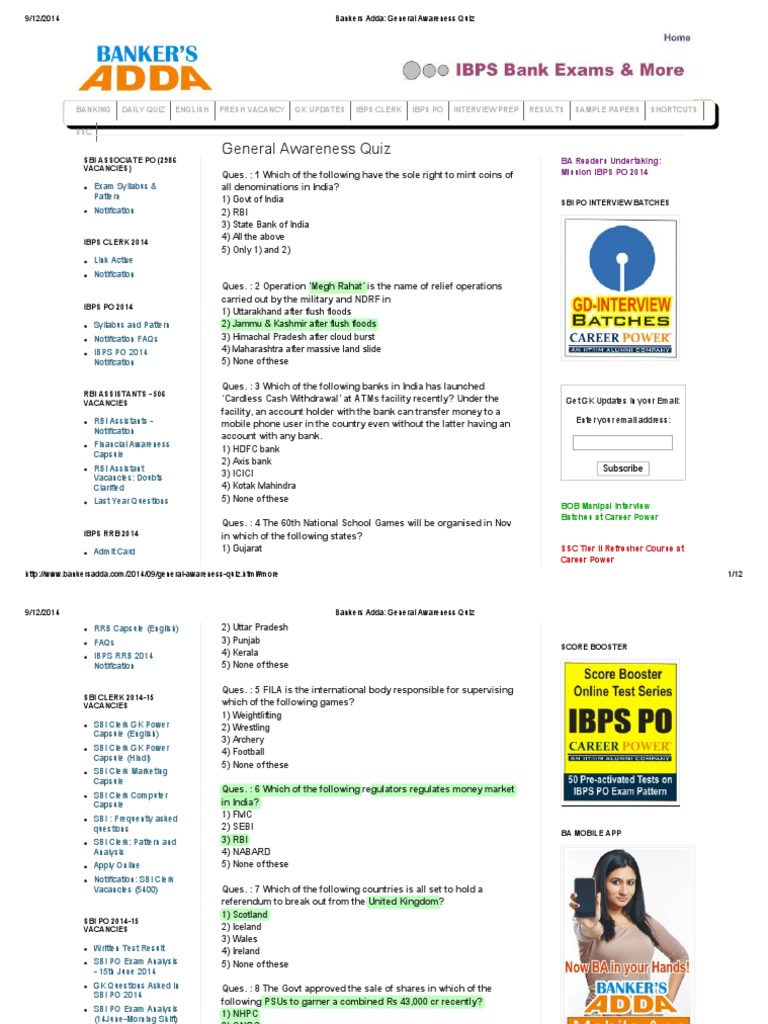 Bankers Adda - General Awareness Quiz | PDF | Institutional Investors ...