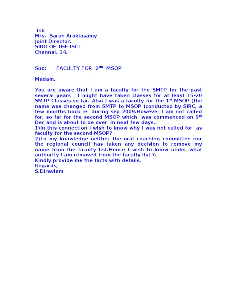 Letter Seeking Clarification