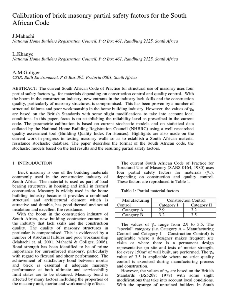 Calibration of Brick Masonry Partial Safety Factors | PDF