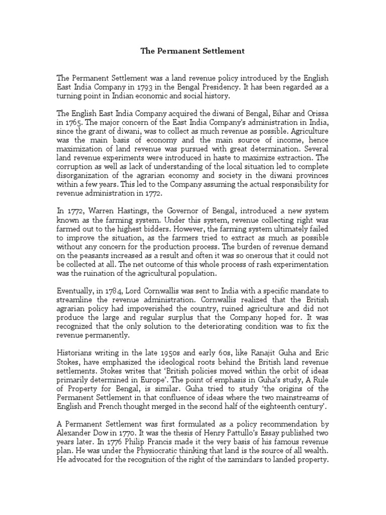 The Permanent Settlement | PDF | Leasehold Estate | Peasant