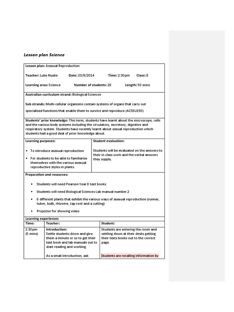 Asexual Reproduction Lesson Plan | PDF | Reproduction | Sexual Reproduction