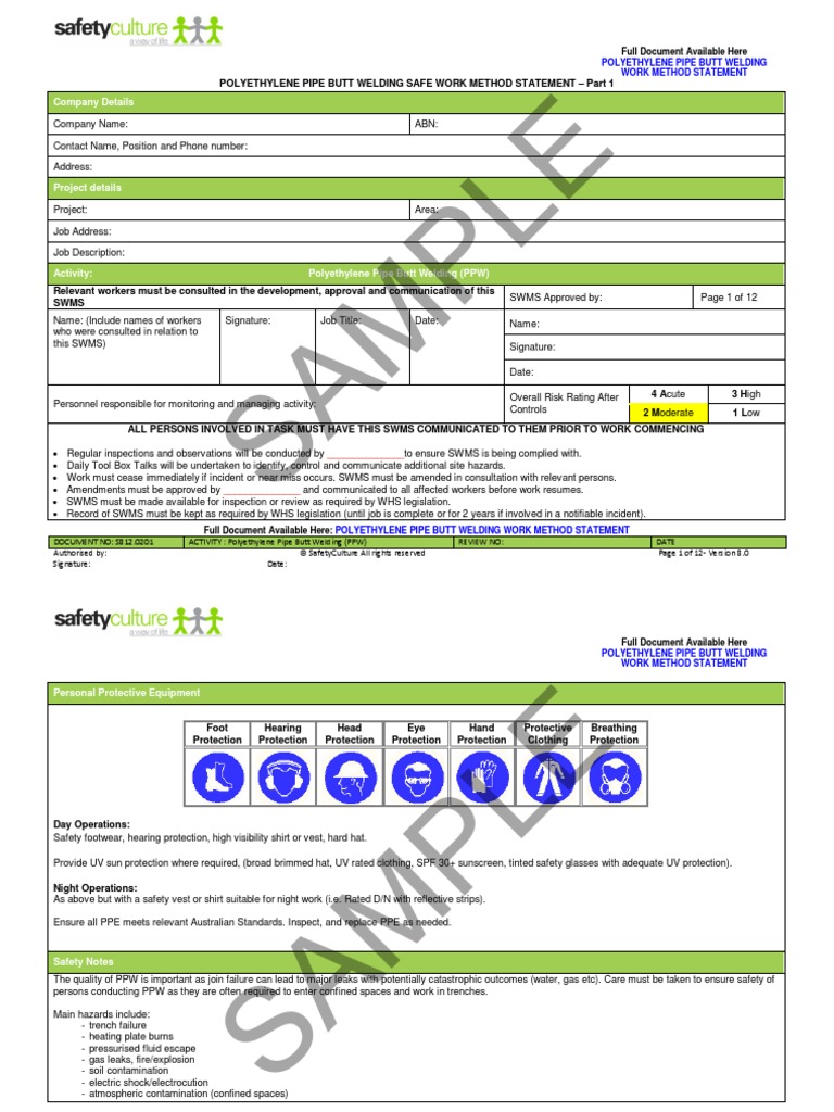 Polyethylene Pipe Butt Welding Work Method Statement SWMS V8 | PDF