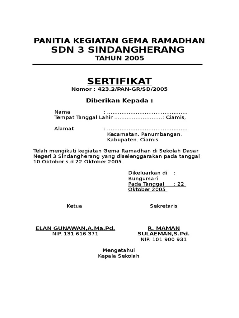 Contoh Sertifikat Pesantren Kilat 1 | PDF Contoh Sertifikat Pesantren Kilat 1 | PDF