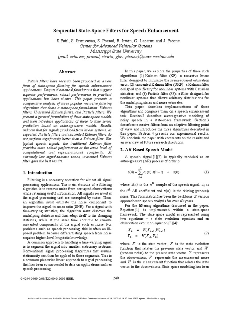 Sequential State-Space Filters For Speech Enhancement | PDF | Kalman ...