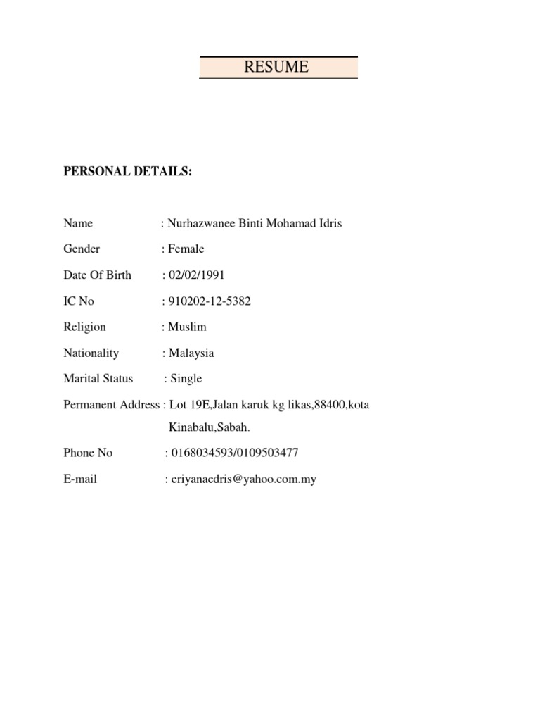 Resume: Personal Details | PDF