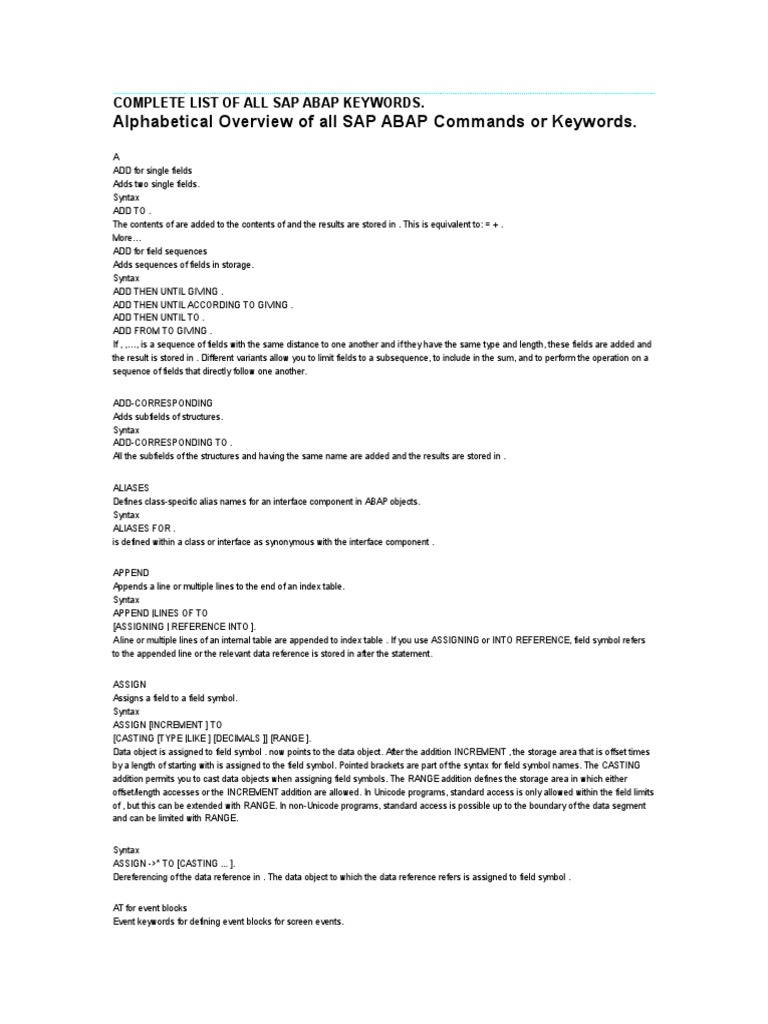 Alphabetical Overview Of All Sap Abap Commands Or Keywords Pdf Method Computer Programming 5469