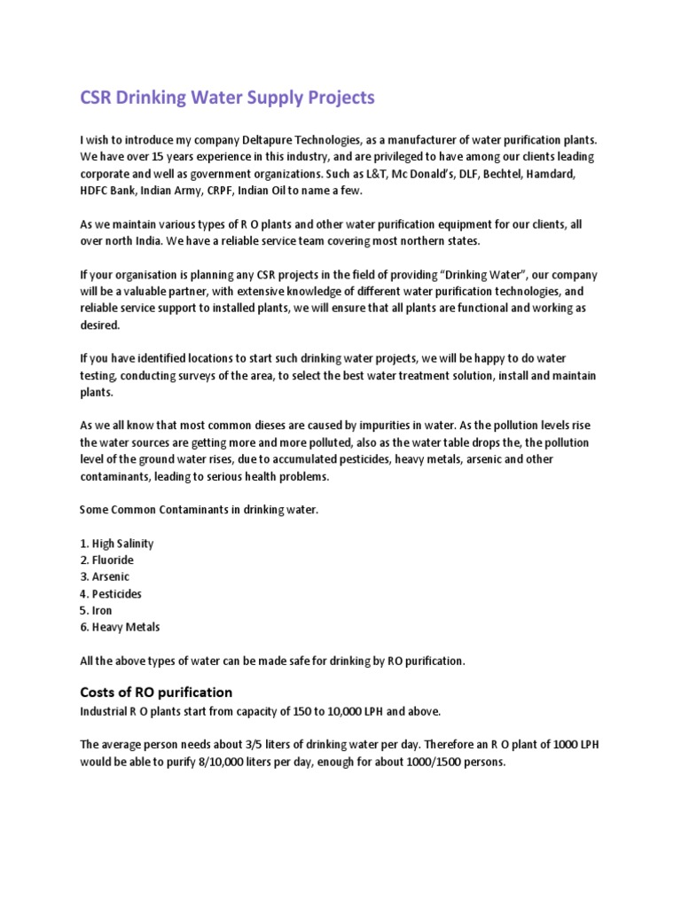 CSR Drinking Water Supply Projects | PDF | Water Purification | Water ...