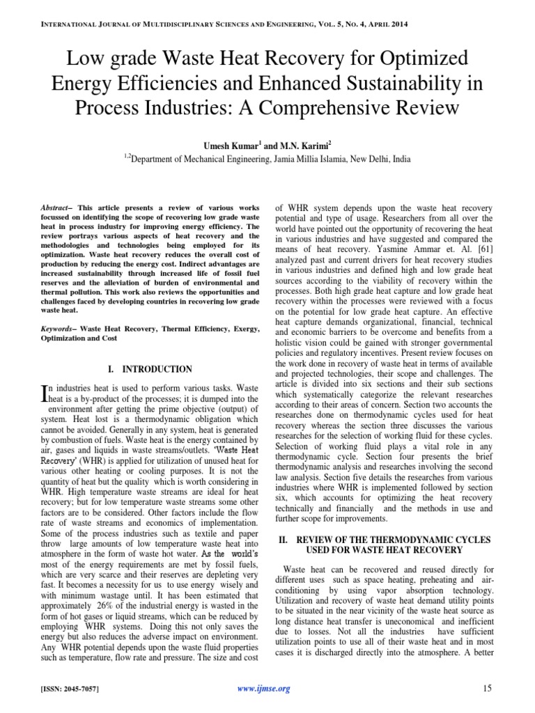 Low Grade Waste Heat Recovery For Optimized Energy Efficiencies and ...