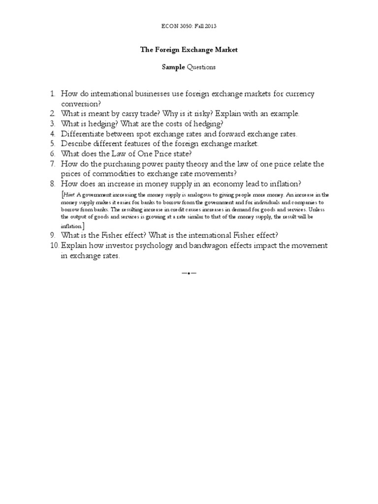 The Foreign Exchange Market Sample Questions | PDF