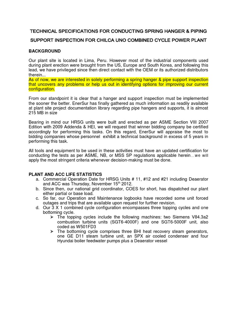Technical Specifications For Spring Hanger and Piping Support Inspection For Chilca Uno CCPP ...