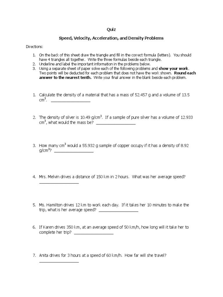 Speed Velocity Acceleration and Density Problems Quiz | PDF